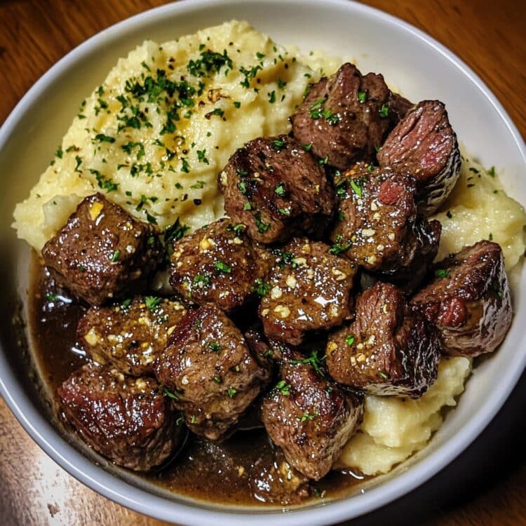 Receta de Bocados de Bistec con Mantequilla de Ajo y Puré - La Olla Magica